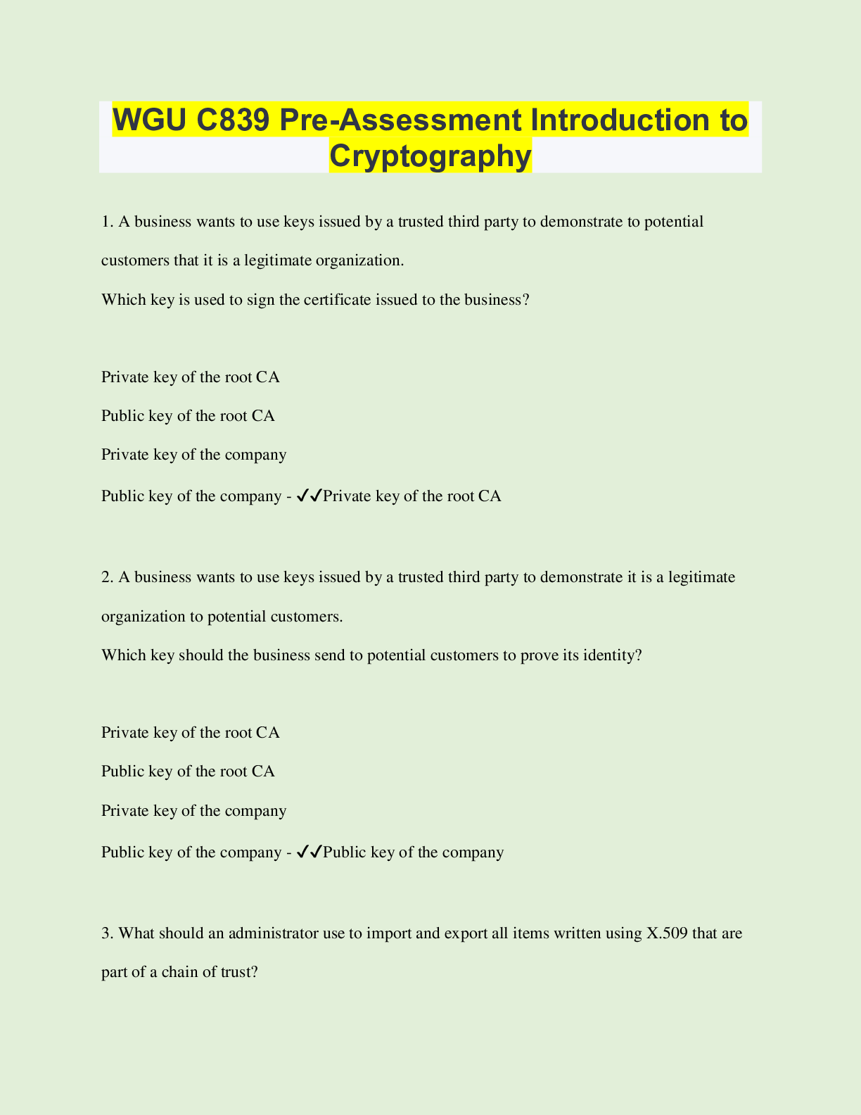 WGU C839 Pre-Assessment Introduction to Cryptography | 60 Questions with 100% Correct Answers ...